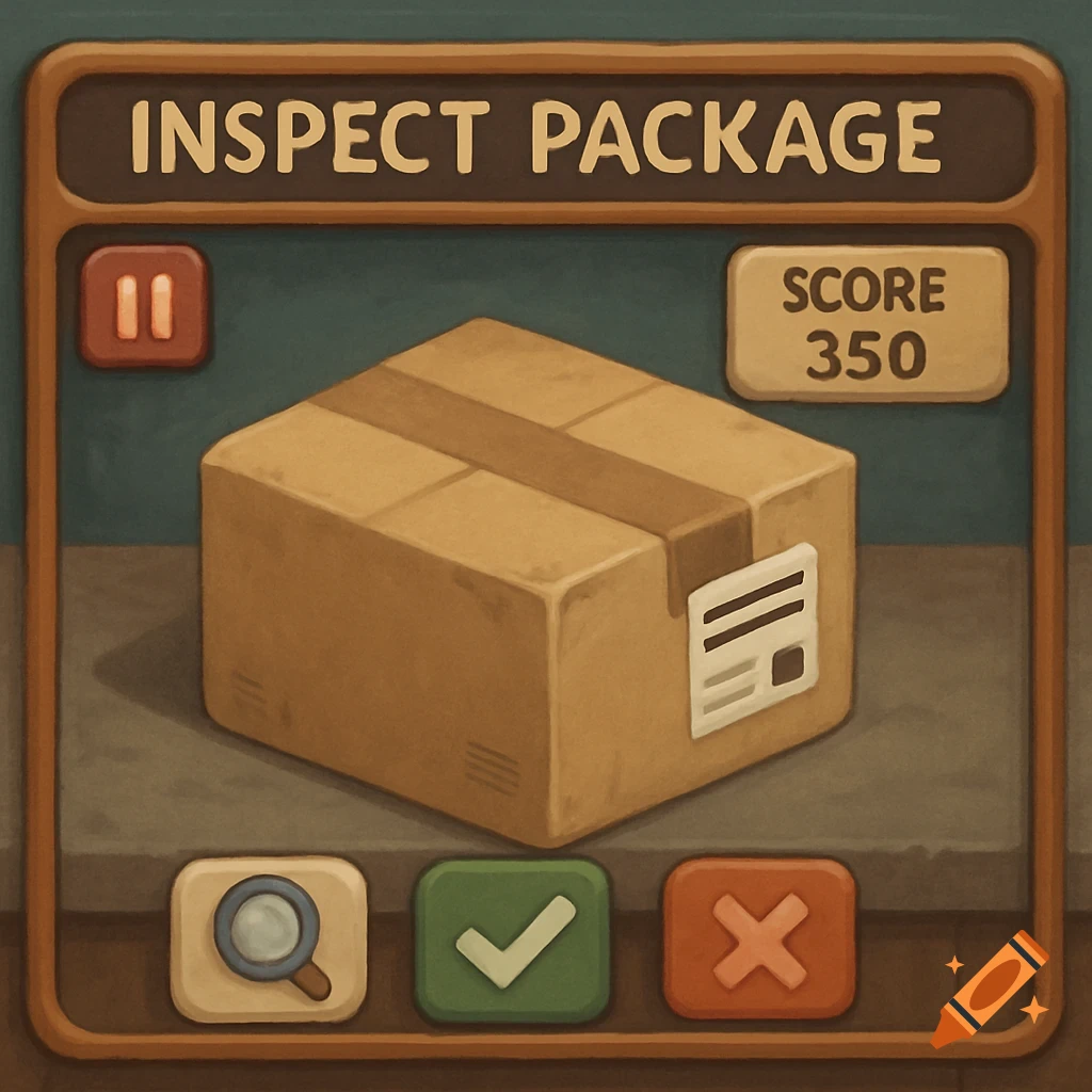 2D game user interface showing a package, score, and action buttons. on ...