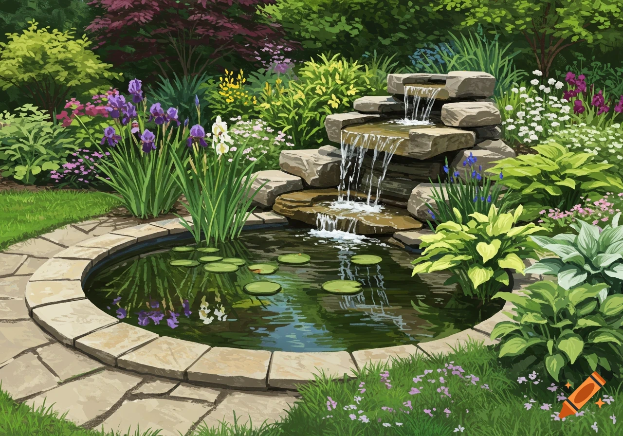 An illustration of a lush garden featuring a pond with lily pads and a ...