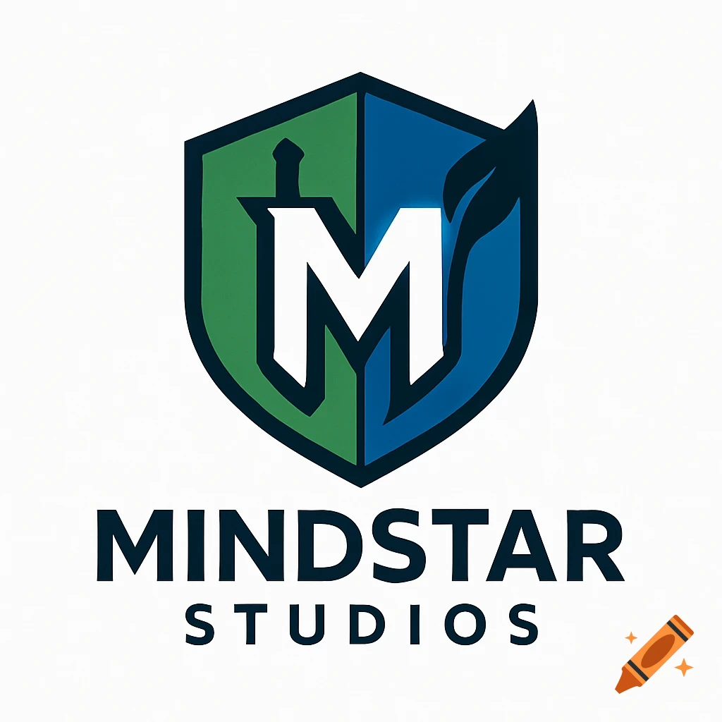 Logo: Green and blue shield with sword and paintbrush shapes, white M ...