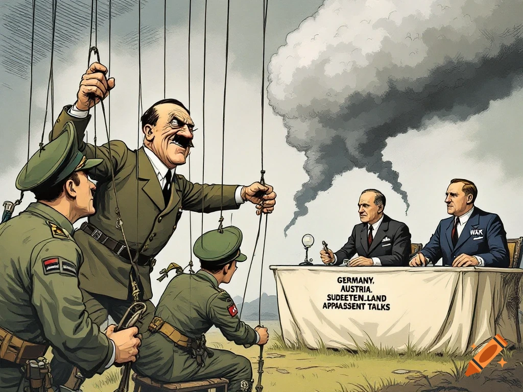 Political cartoon of Hitler as puppet master controlling soldiers, with ...