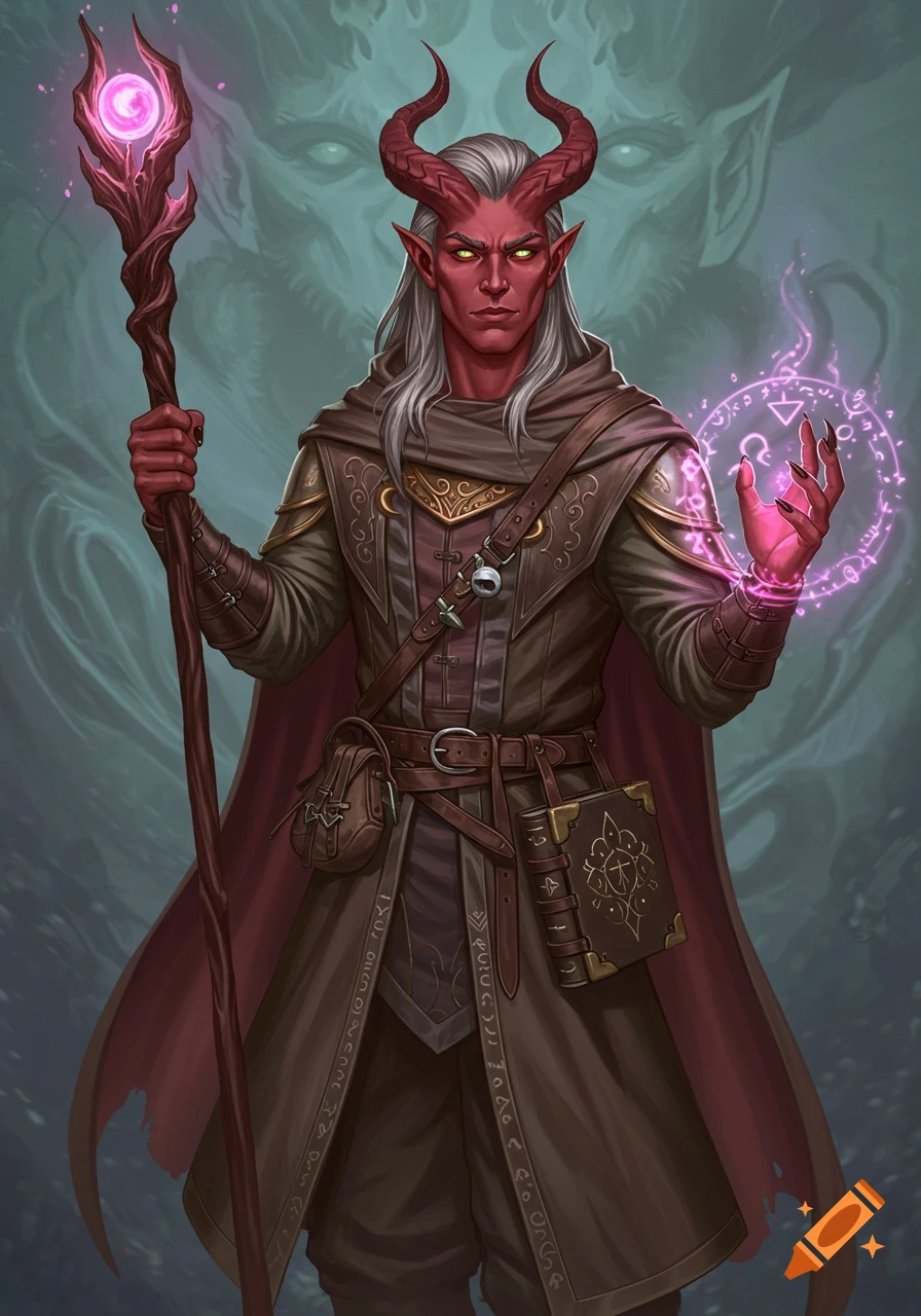 A male tiefling warlock with red skin, horns, grey hair, in brown robes ...