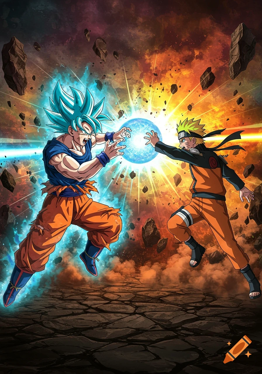 Goku and Naruto battle with energy attacks in a destructive landscape ...