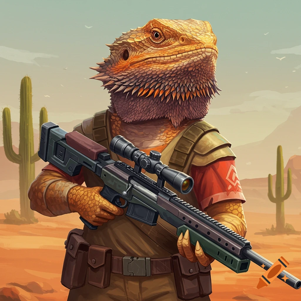 A bearded dragon creature holds a sniper rifle in a desert landscape ...
