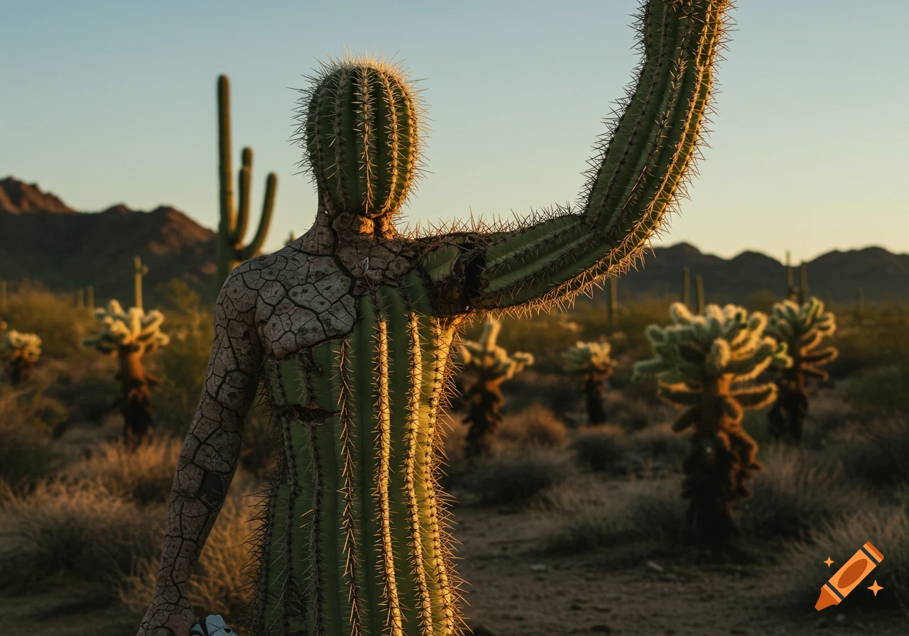 A humanoid figure with a cactus head and arm and cracked earth body ...
