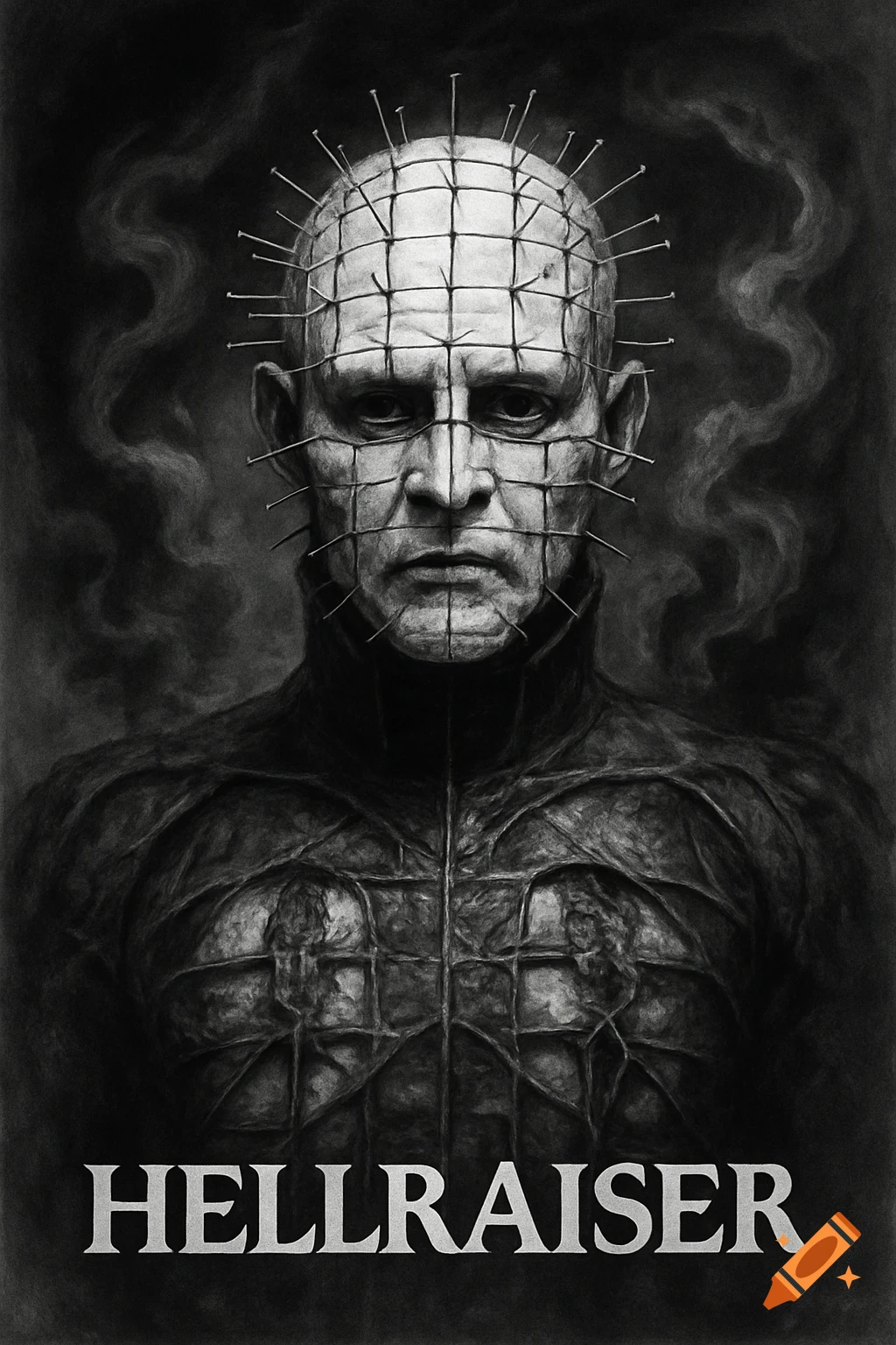 Black and white surreal portrait of Pinhead from Hellraiser with text ...