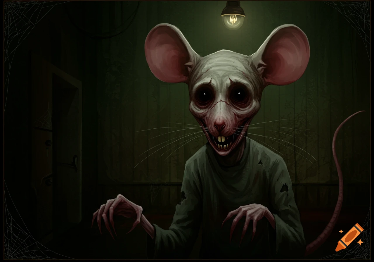 Creepy rodent-like creature with large ears and claws in a dark room ...