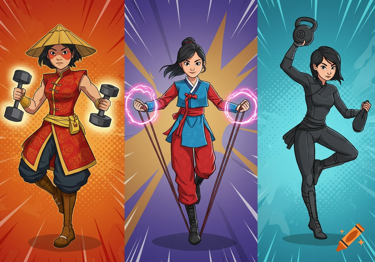 Cartoon illustration of three Asian female superheroes in action poses ...