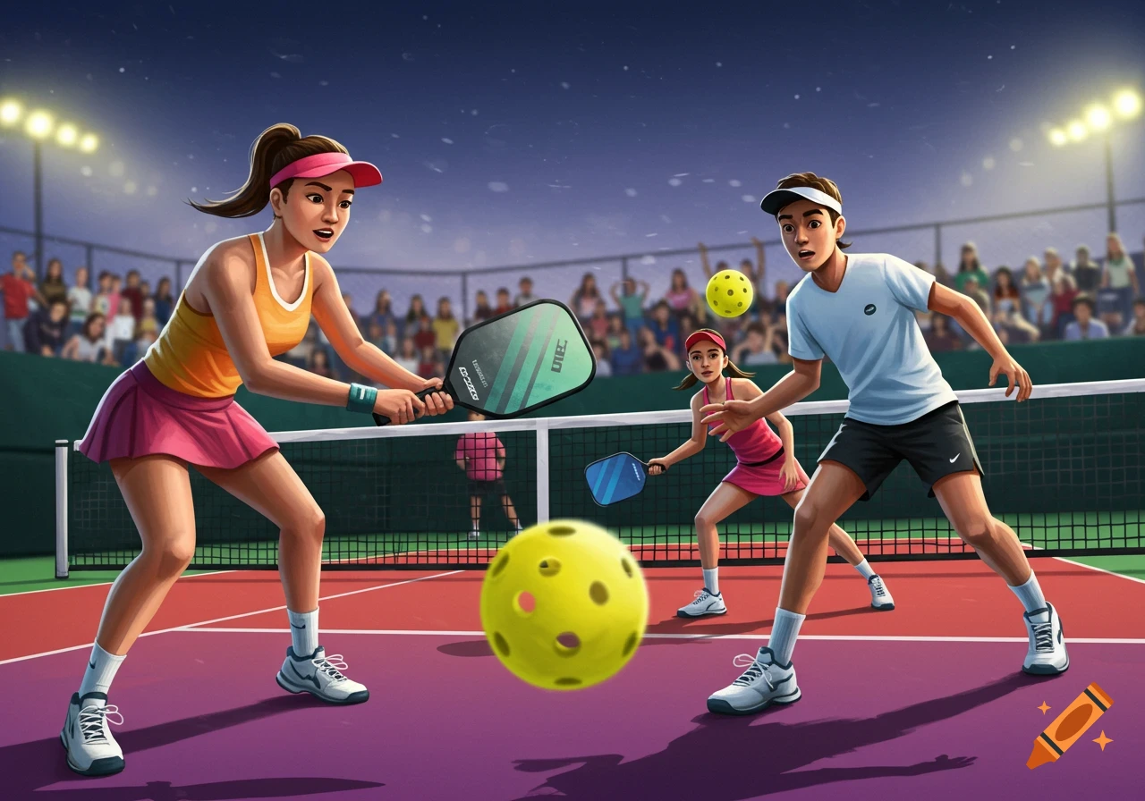 Four people playing pickleball on an outdoor court at night under ...