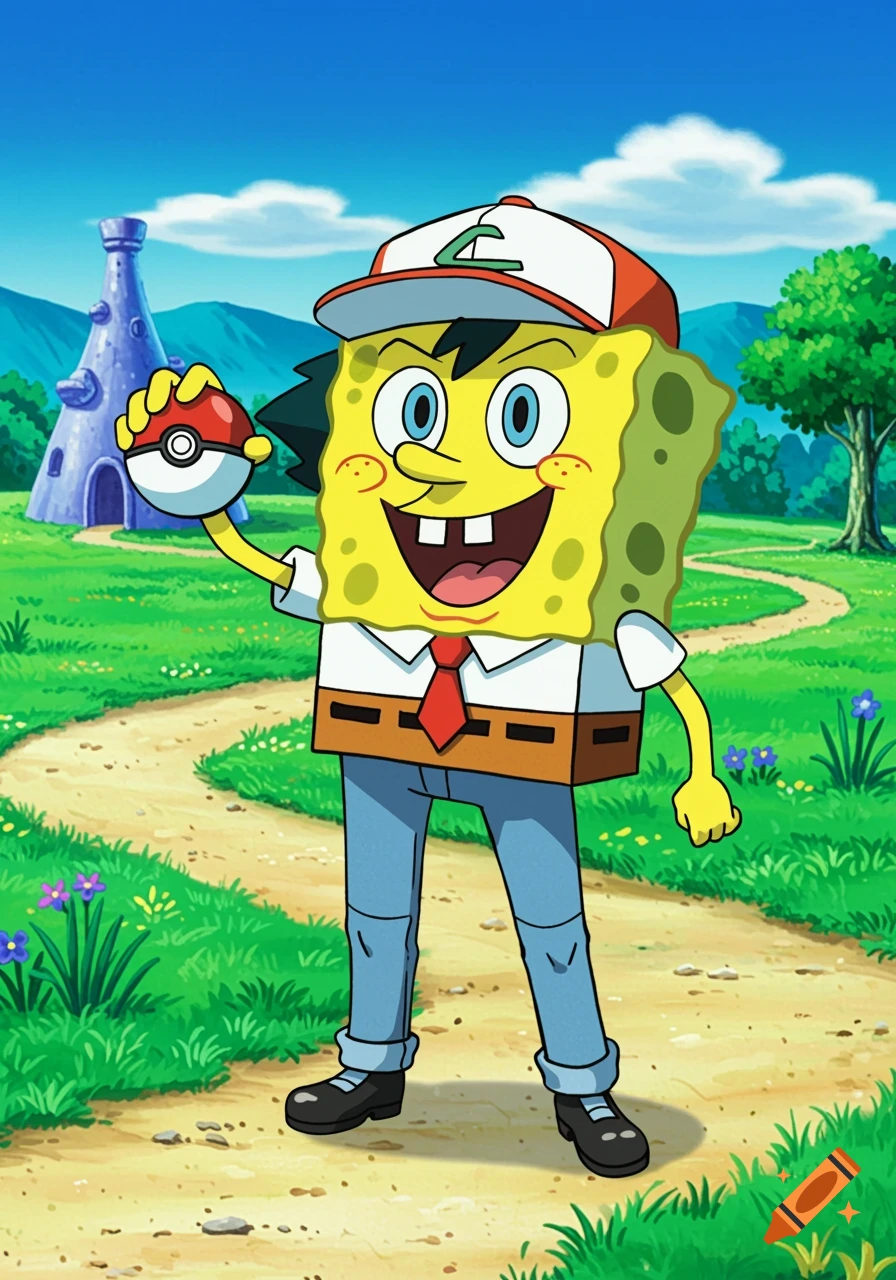 Spongebob Squarepants dressed as Ash Ketchum holding a Pokeball in a ...