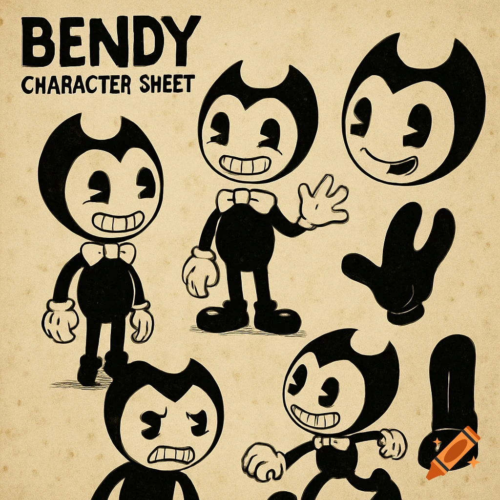 Character sheet featuring multiple poses of the cartoon character Bendy ...