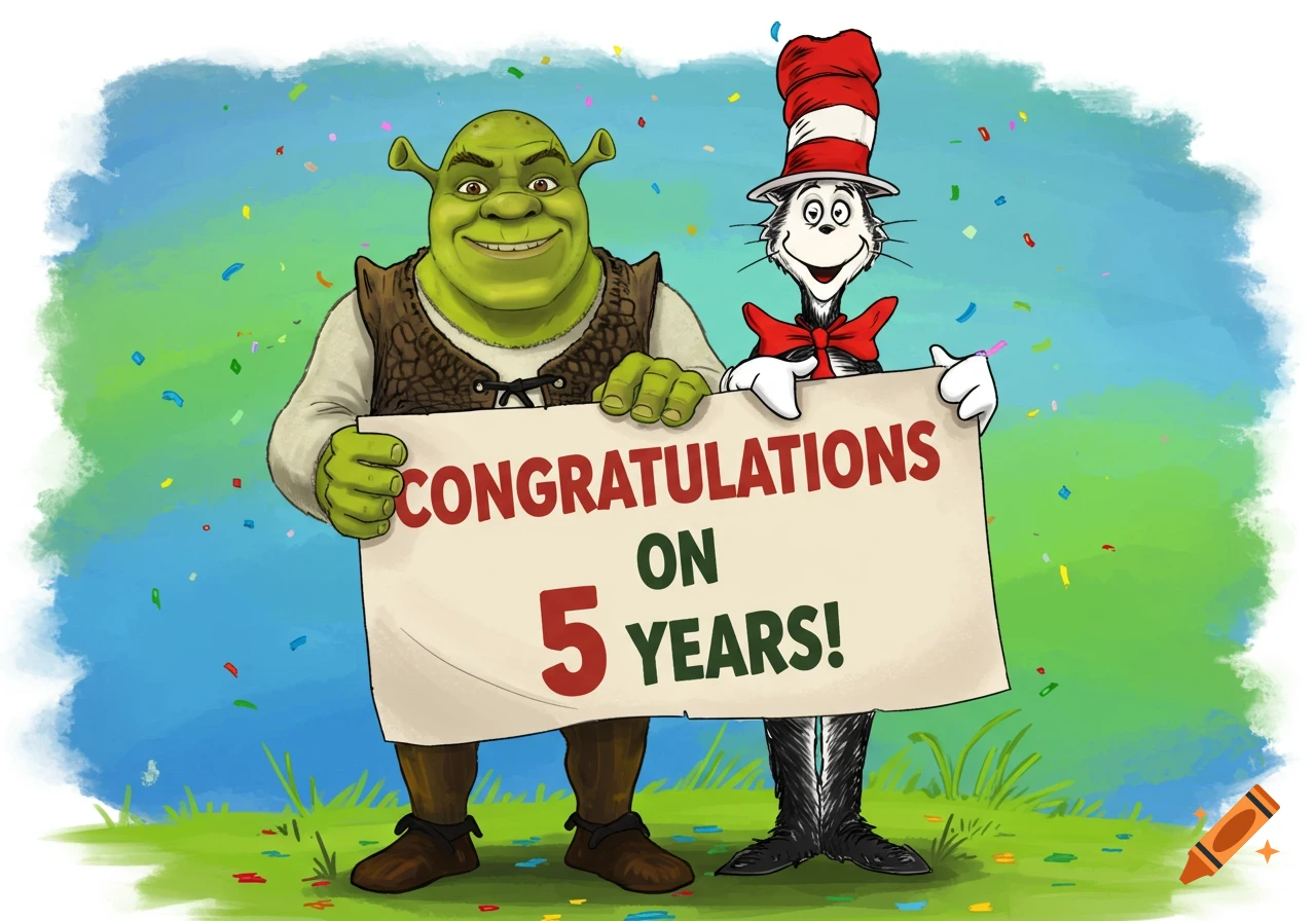 Shrek and the Cat in the Hat hold a sign that reads 'Congratulations on ...