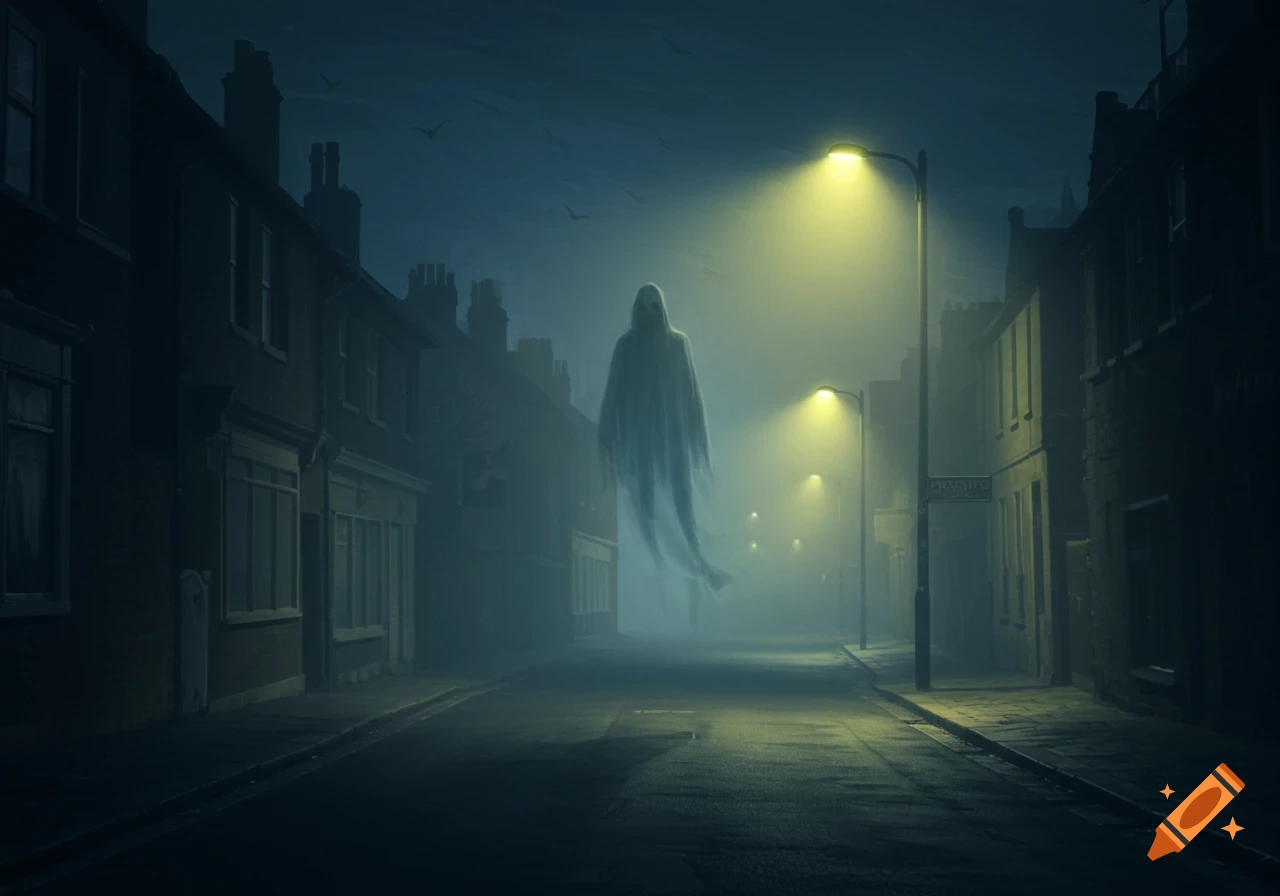 A misty ghost floats above a foggy street at night under streetlights ...