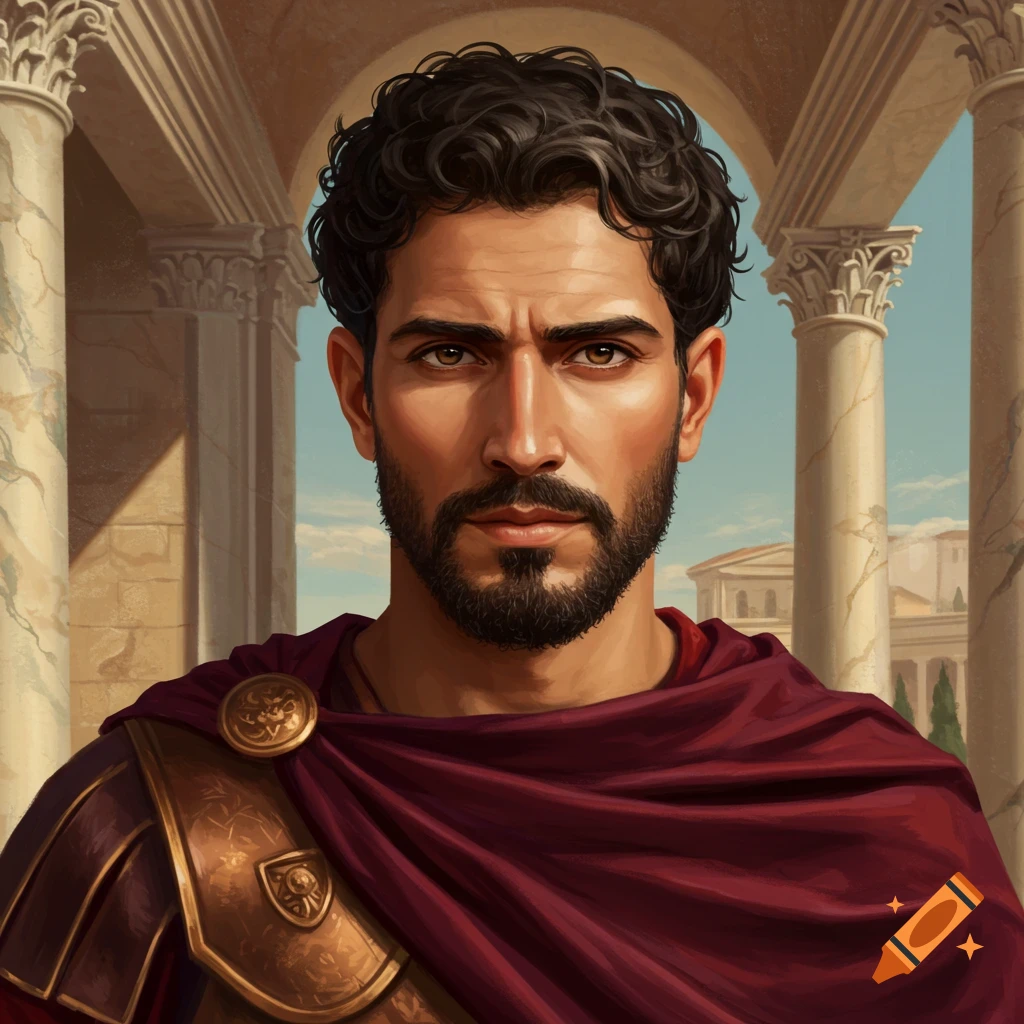 Portrait of a Roman general with dark hair and beard, wearing a red ...