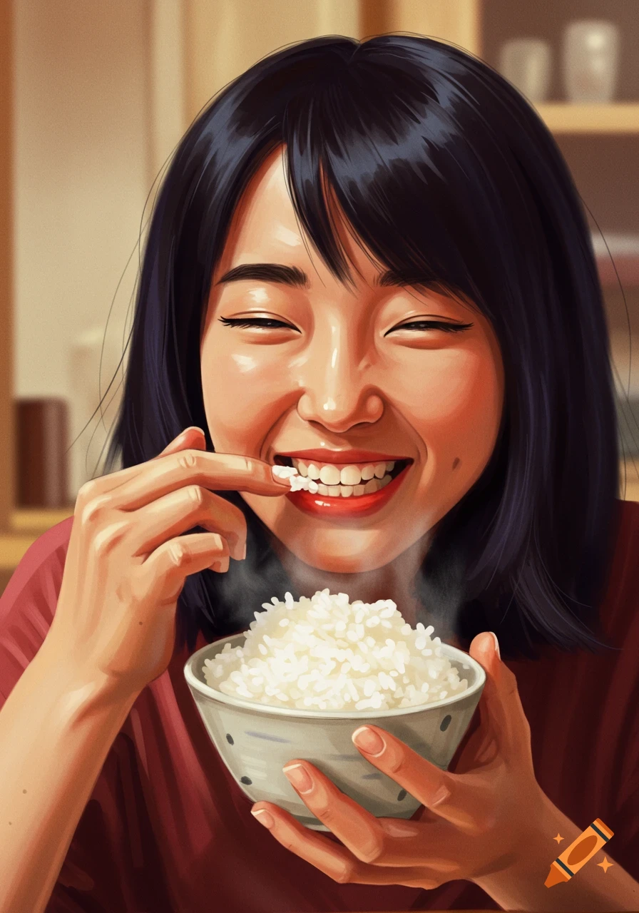 Digital illustration of a woman smiling and eating a bowl of steaming ...
