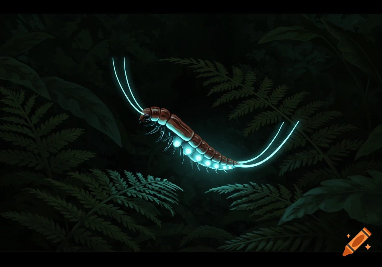 A glowing insect-like creature in a dark forest environment. on Craiyon