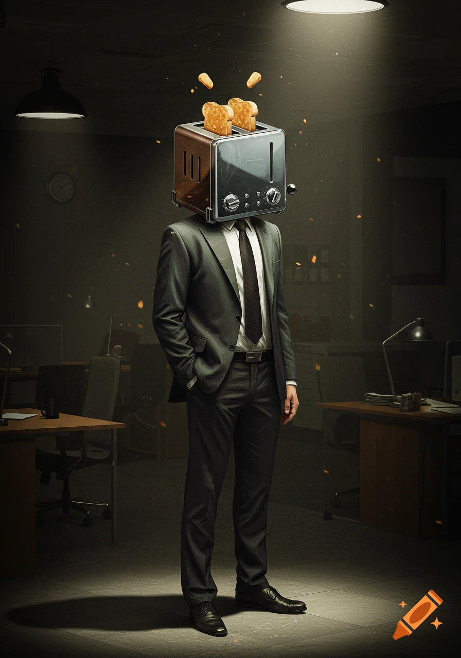 Person in suit with toaster head in office, toast popping on Craiyon