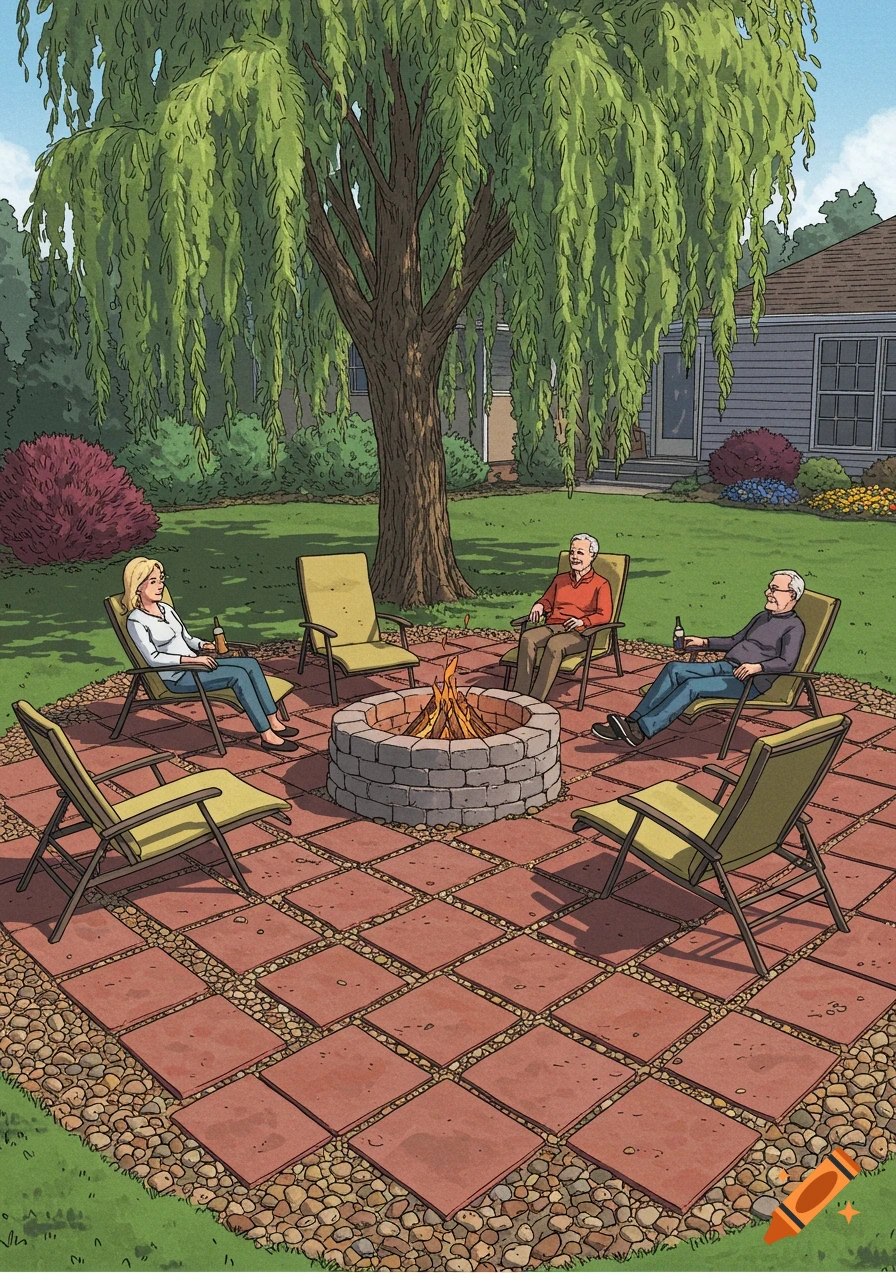 Illustration of a family sitting around a fire pit in a backyard under ...