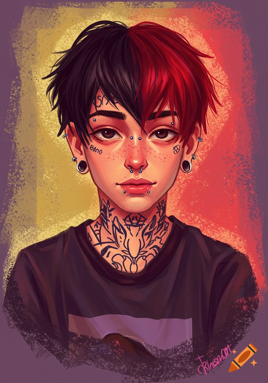 Stylized portrait illustration of a person with half black, half red ...