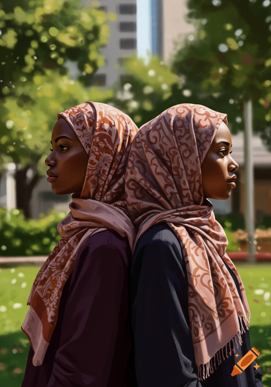 Two dark-skinned women wearing patterned hijabs stand back-to-back in a ...
