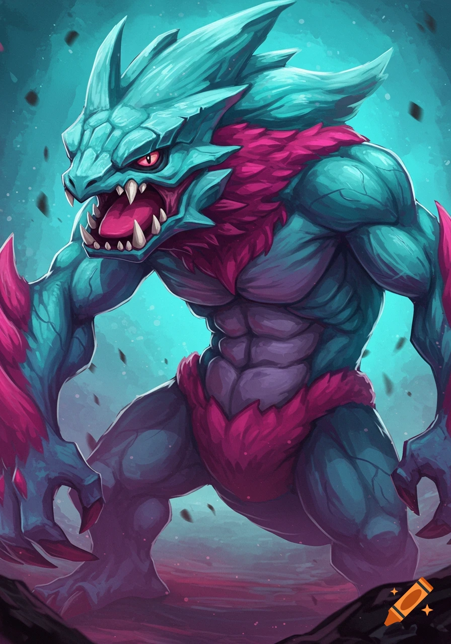 An illustration of a large, muscular cyan and magenta monster with ...