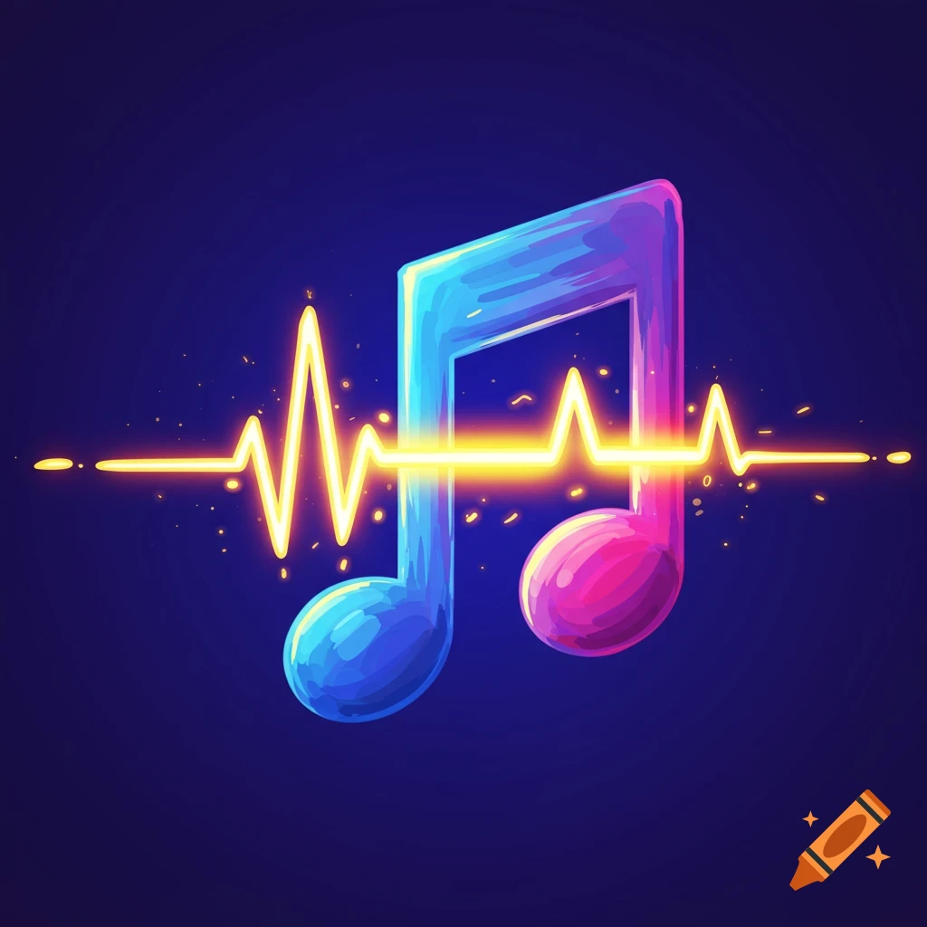 Colorful music note with a glowing pulse line on a dark background on ...