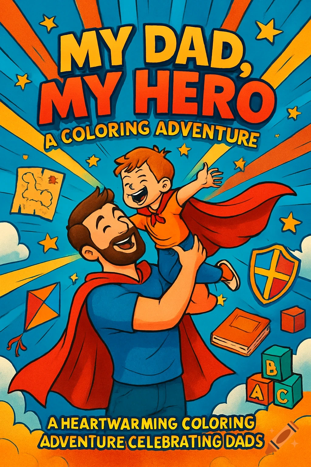 Illustration of a colorful children's book cover titled 'My Dad, My ...