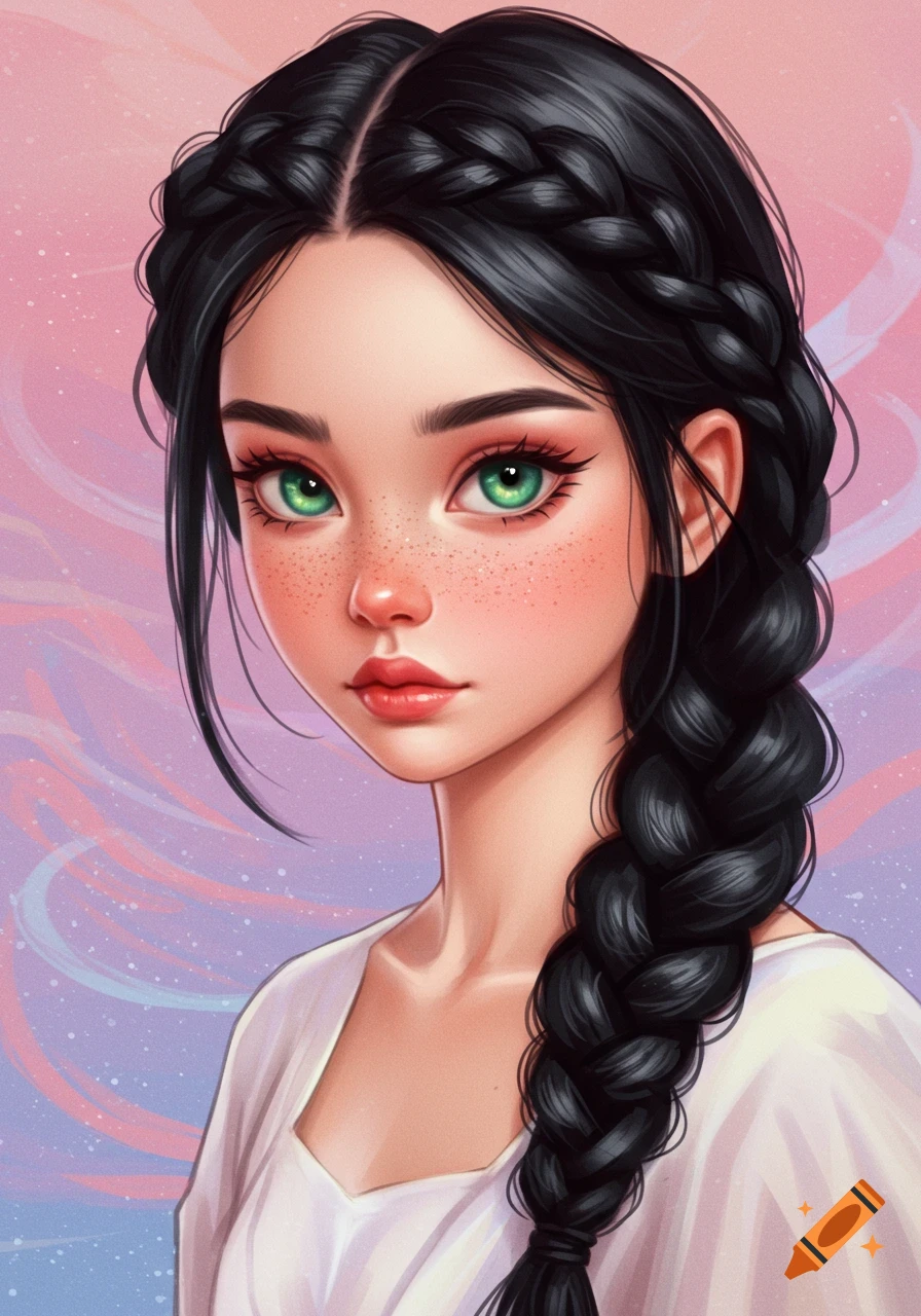 Digital painting of a girl with a long black braid and green eyes on Craiyon