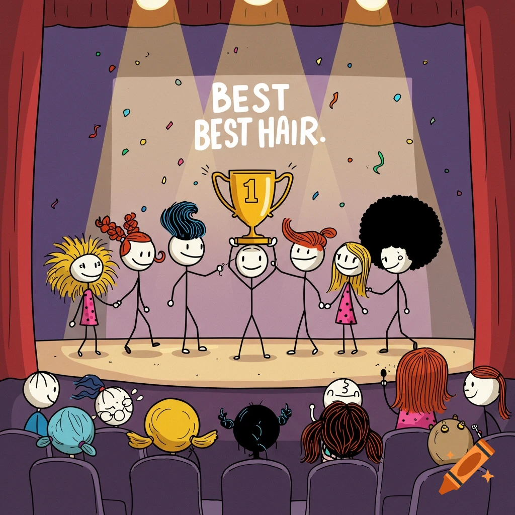 Cartoon stick figures on a stage receiving a trophy, with text "BEST ...