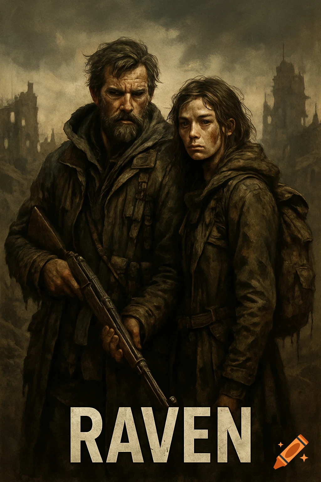 Two figures stand in a post-apocalyptic ruined city with text 'RAVEN ...