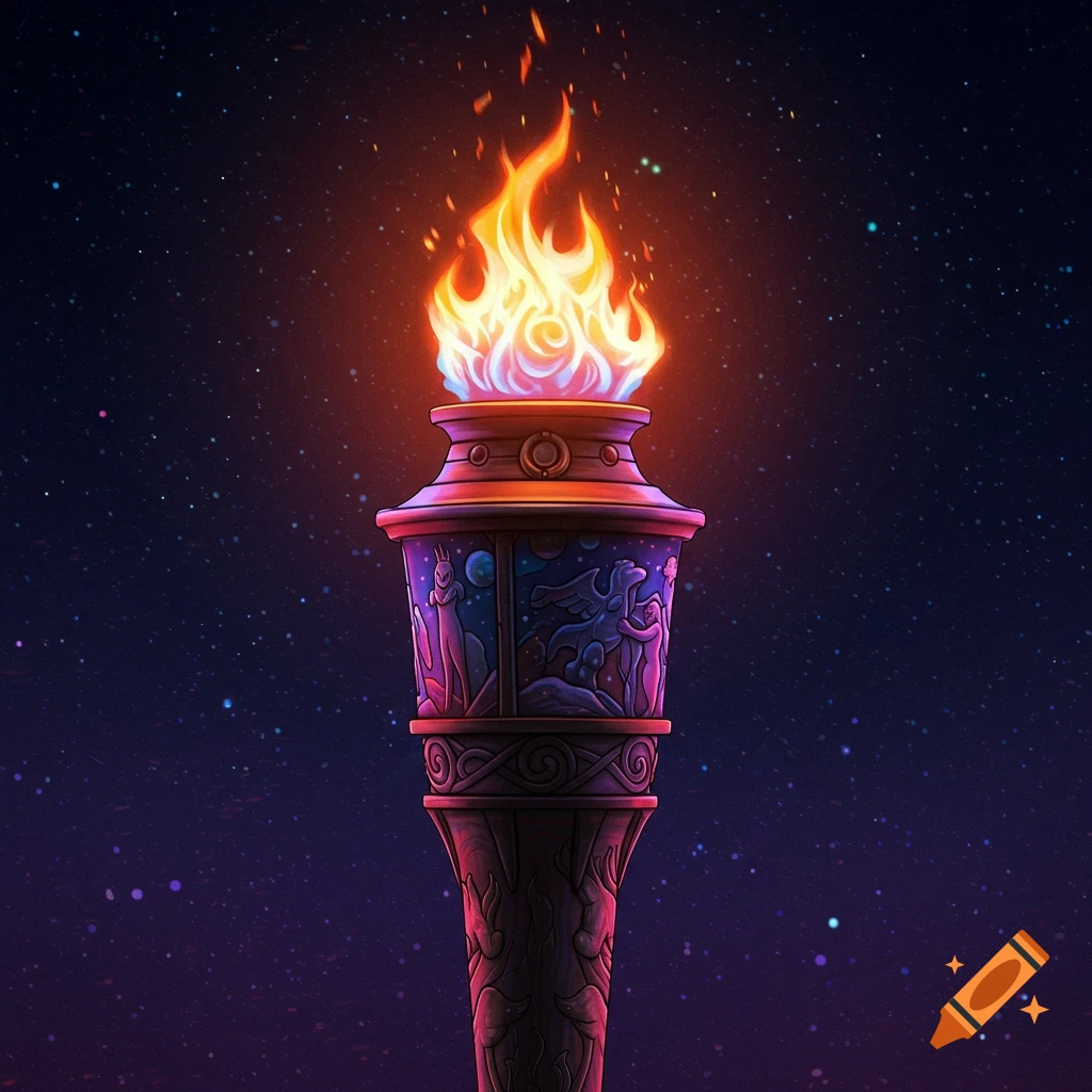 A stylized torch with a bright flame against a starry night sky. on Craiyon