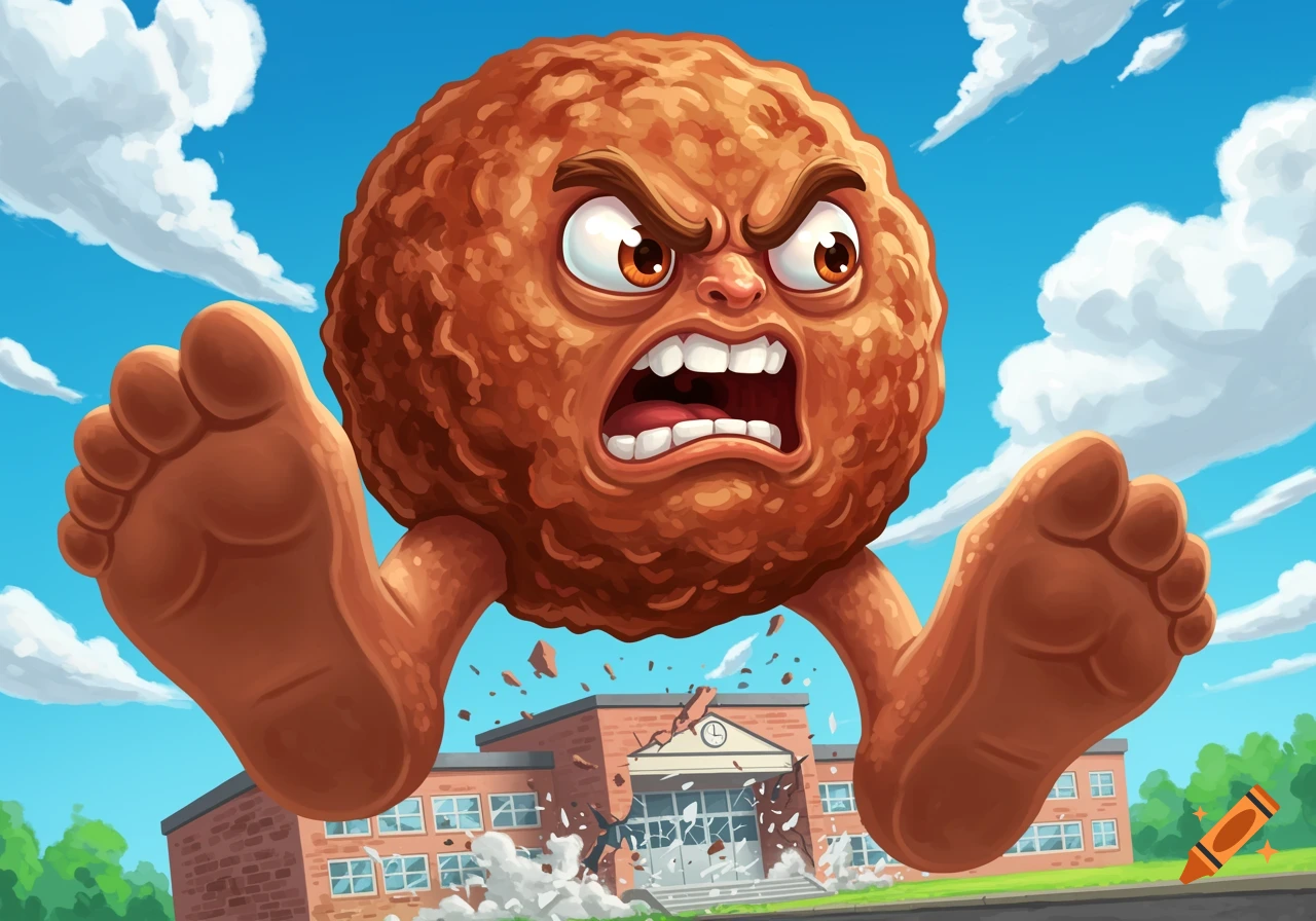 An angry cartoon meatball monster with feet flies above a school, crushing it. on Craiyon