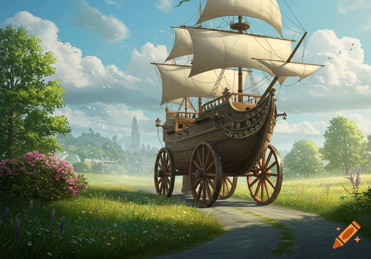 A fantasy landship, a sailing ship on large spoked wheels, travels down ...