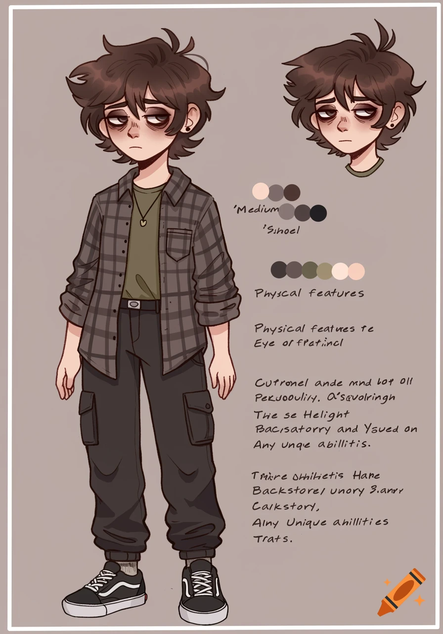 Character reference sheet of a young person in a plaid shirt and cargo ...