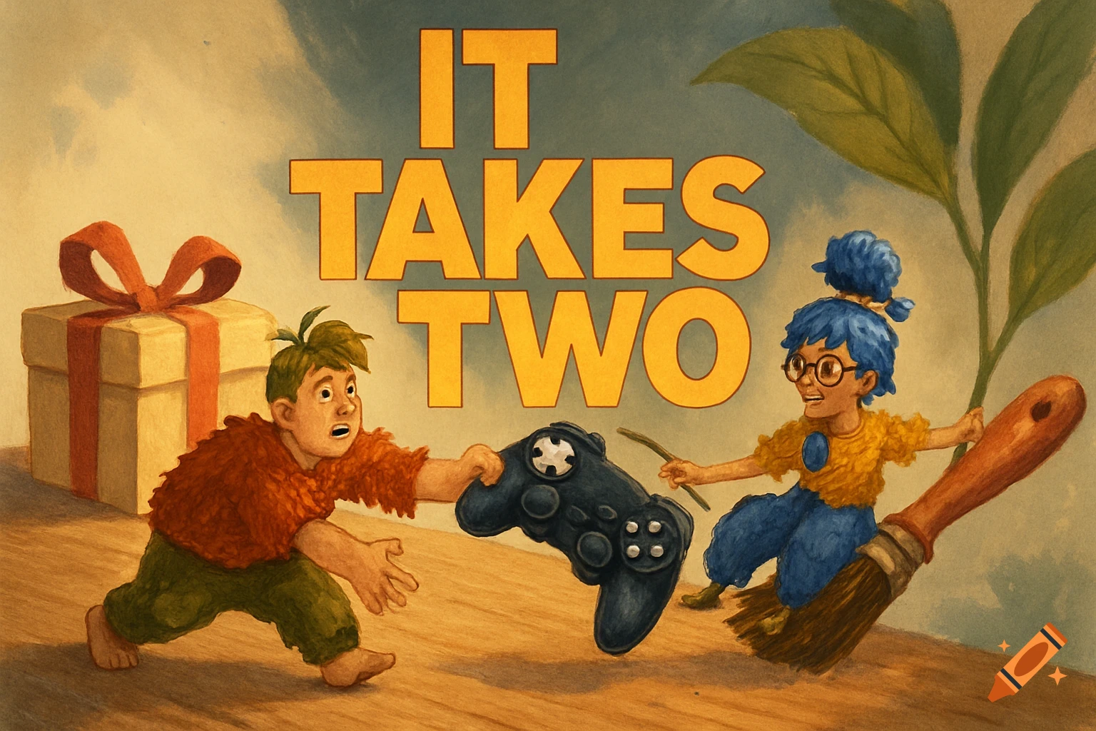 Painted illustration of two small characters reaching for a game ...