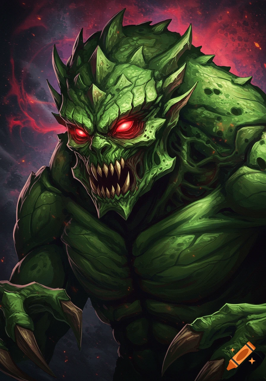 A close-up illustration of a large green monster with glowing red eyes ...