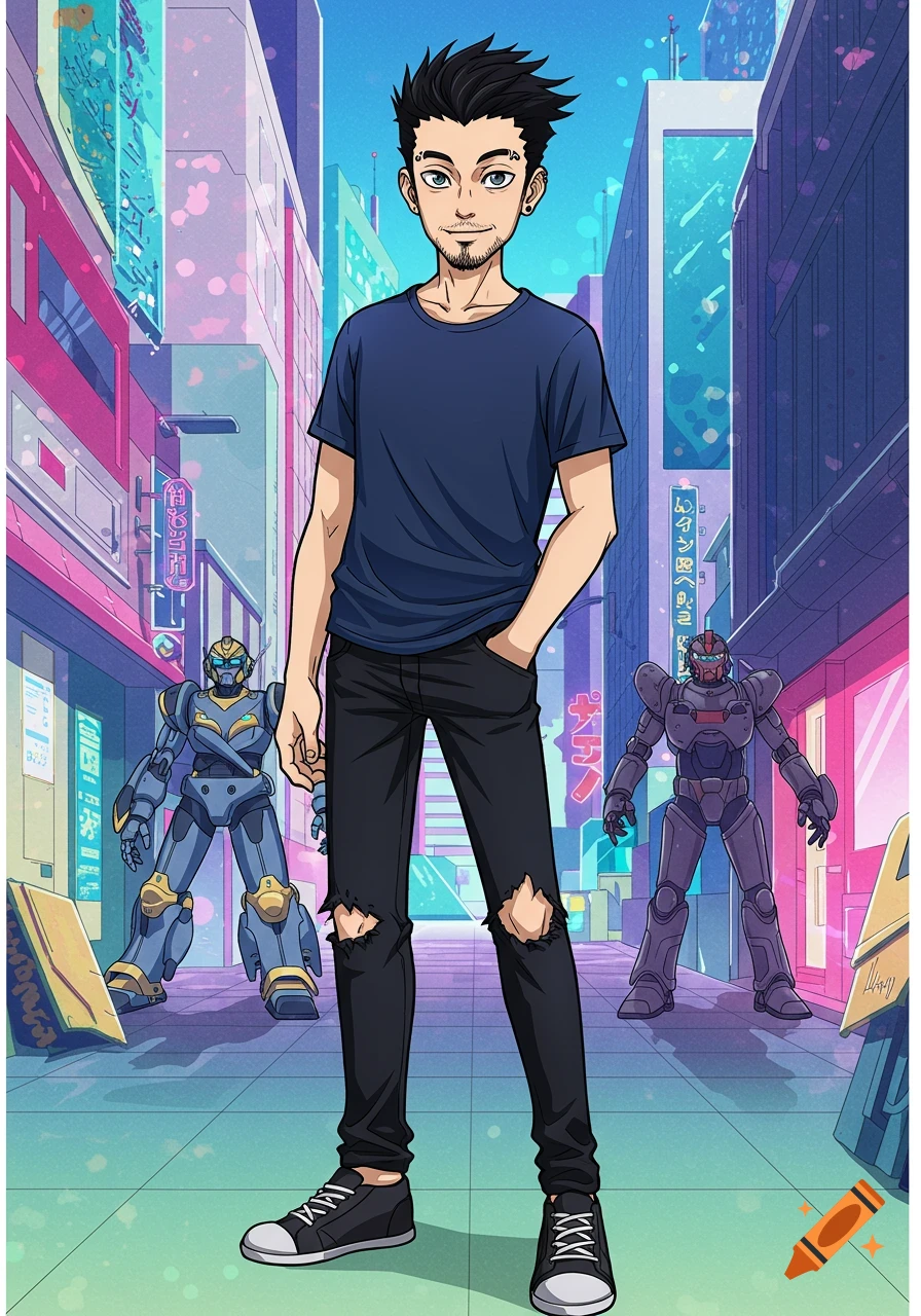 Anime character with ripped jeans in a street with robots on Craiyon