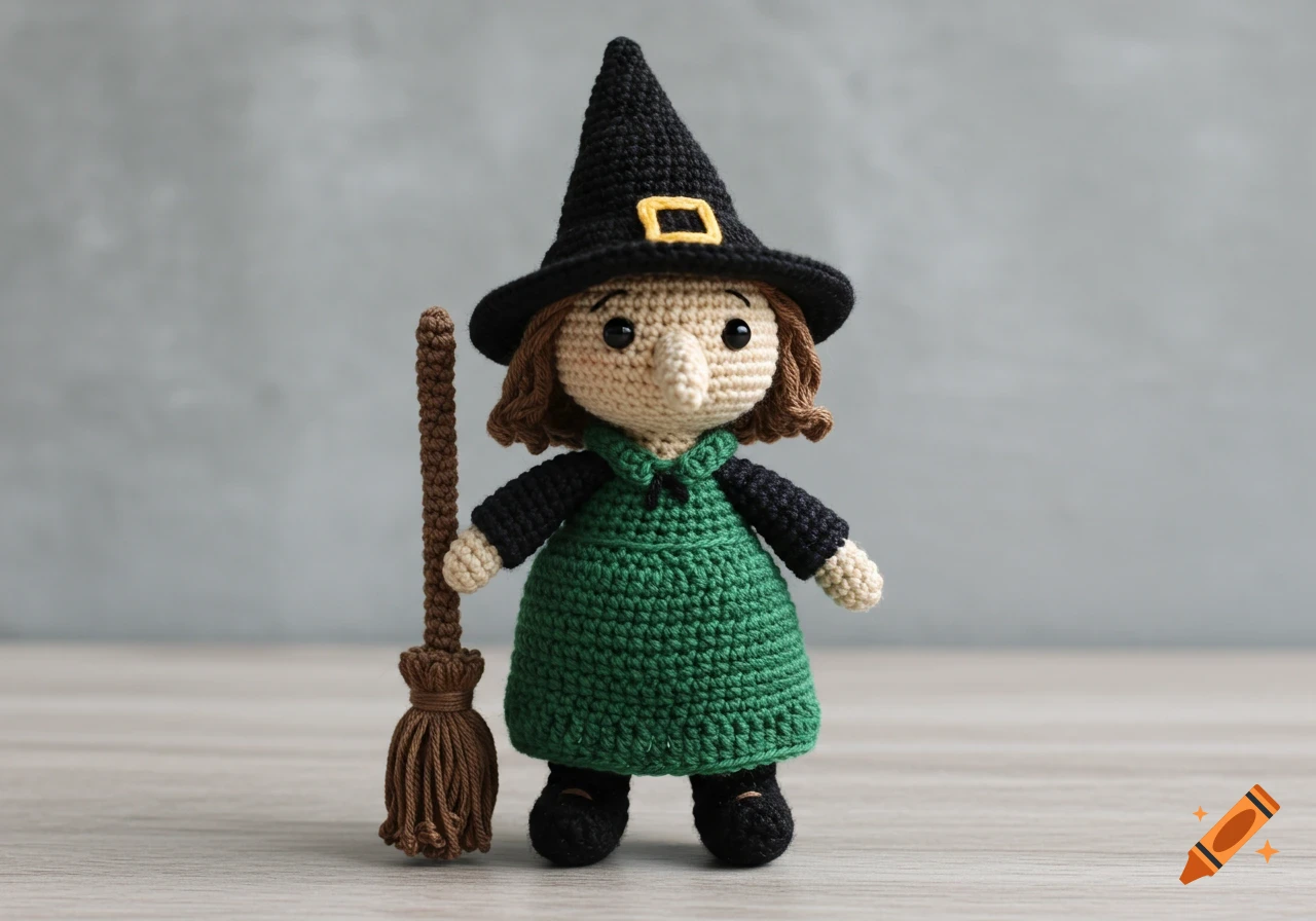 A crochet witch doll wearing a green dress and black hat, holding a ...
