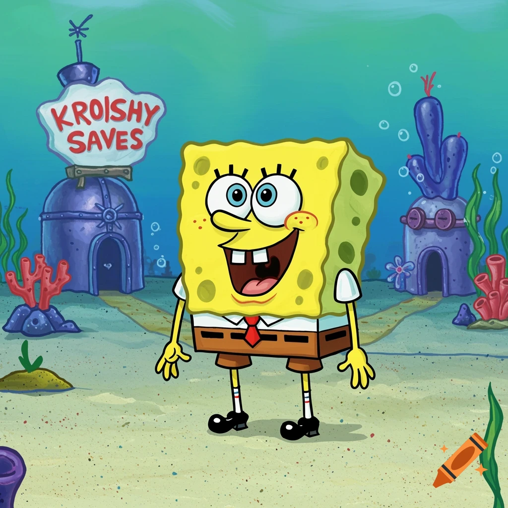 SpongeBob SquarePants stands under the sea in front of buildings ...