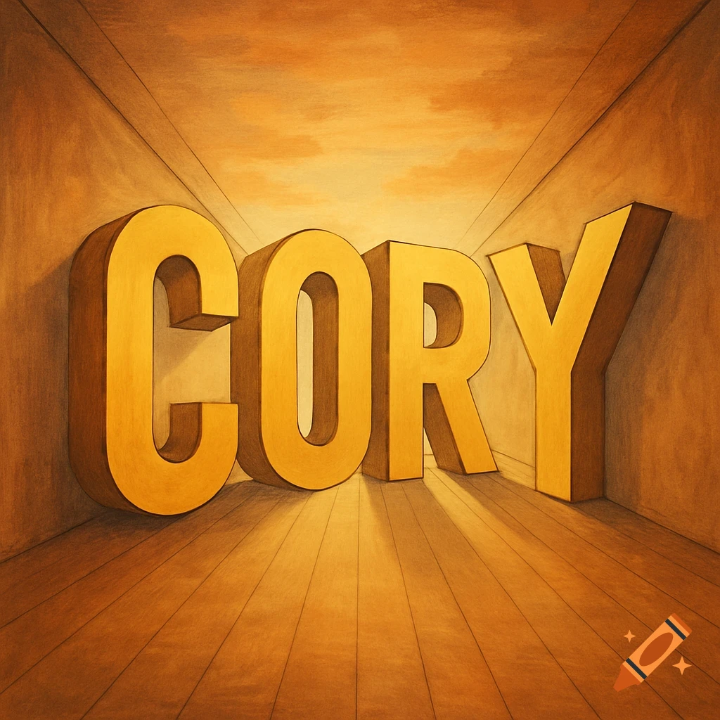 Large golden text spelling "CORY" set in a room with one-point ...