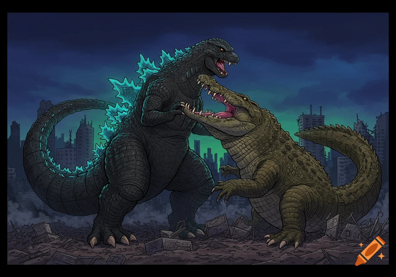Godzilla battles a giant crocodile in a destroyed city. on Craiyon