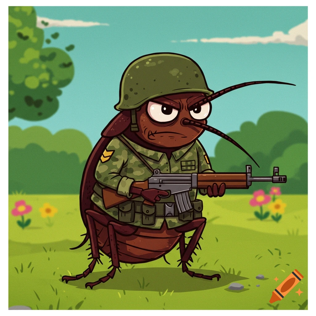 Cartoon cockroach in a military helmet and uniform holding a rifle in a ...