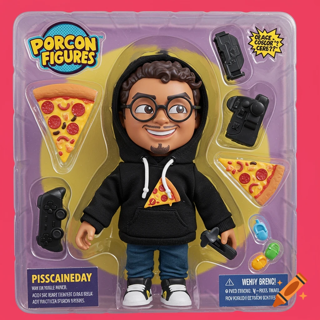 Action figure in packaging with pizza and controller accessories on Craiyon