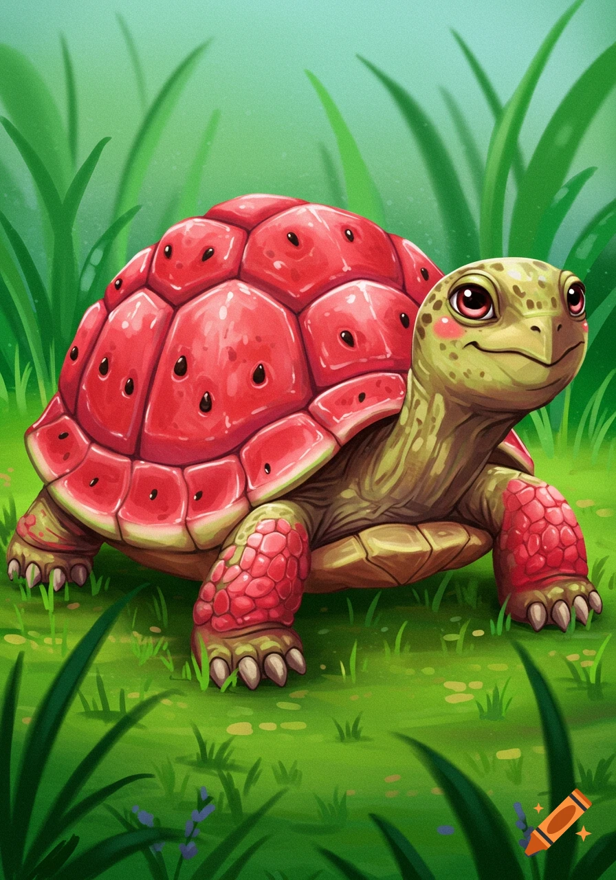 Cartoon turtle with a watermelon shell sitting in green grass. on Craiyon