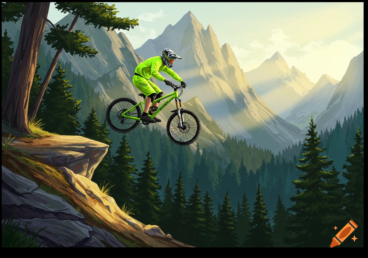 Illustration of a mountain biker jumping off a rock drop in a forest ...
