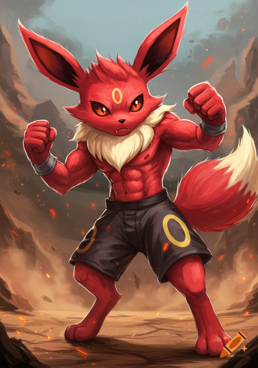 Red muscular creature resembling a fighting type Pokemon striking a ...