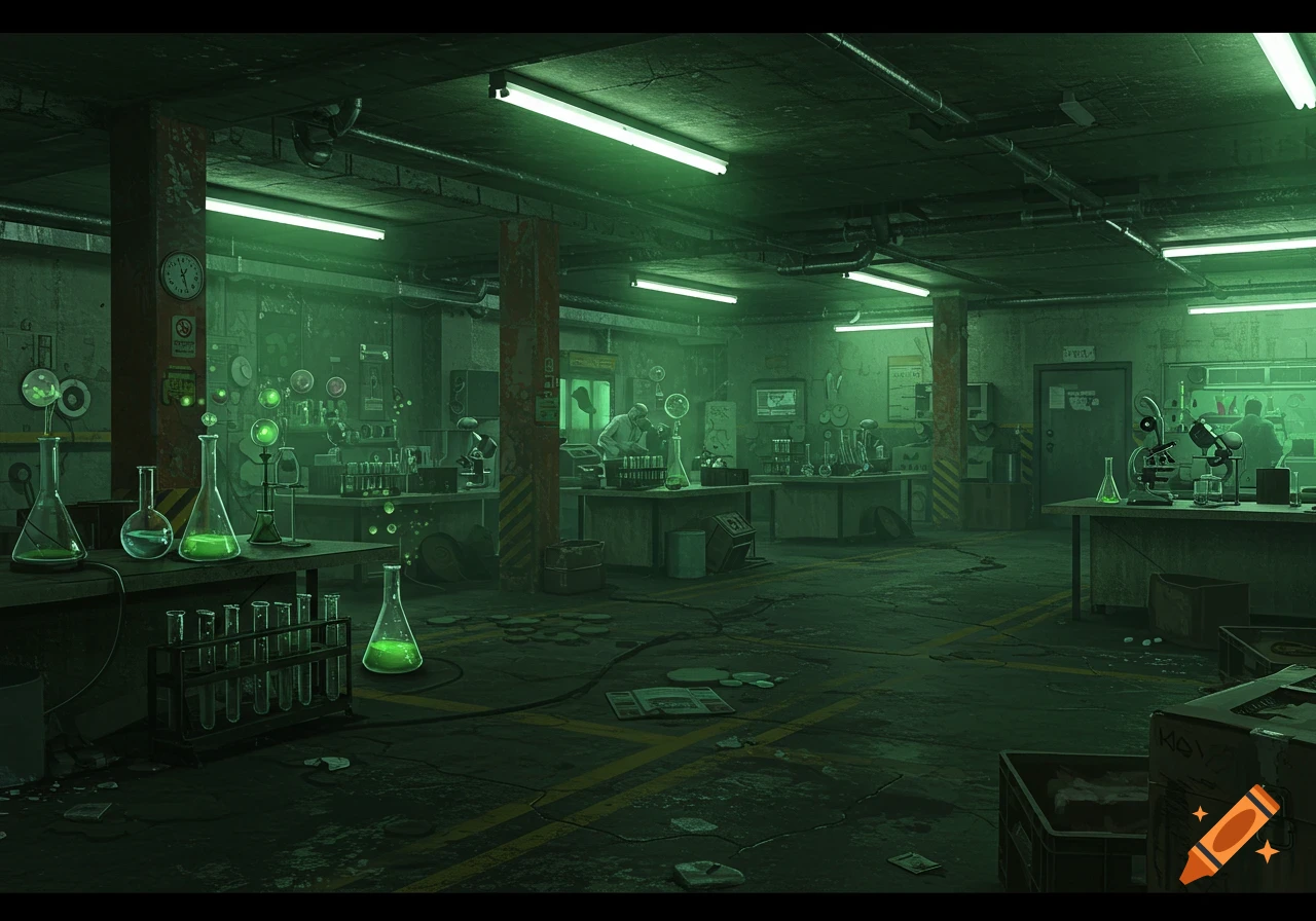 Dystopian science lab in a dirty, green-lit underground setting. on Craiyon