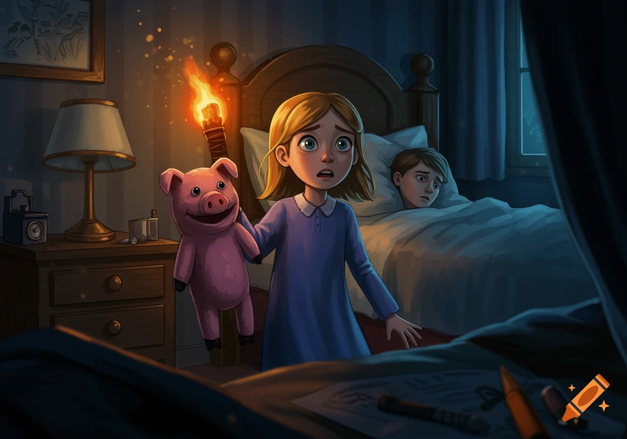 A scared girl holding a torch and pig puppet stands in a bedroom with a ...