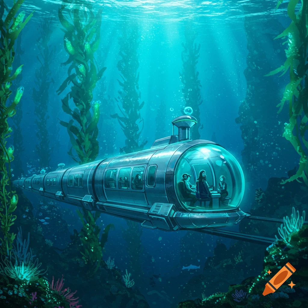 A futuristic submarine train travels through an underwater kelp forest ...