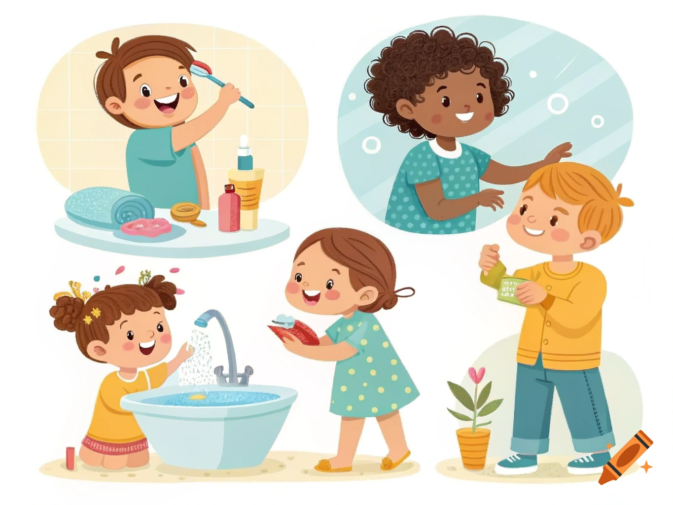 Cartoon illustration of four children doing hygiene: brushing teeth ...