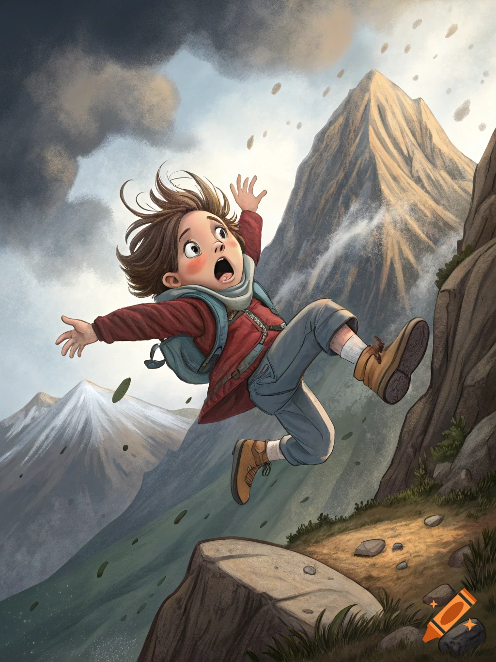 A stylized illustration shows a boy falling from a mountain with rocks ...